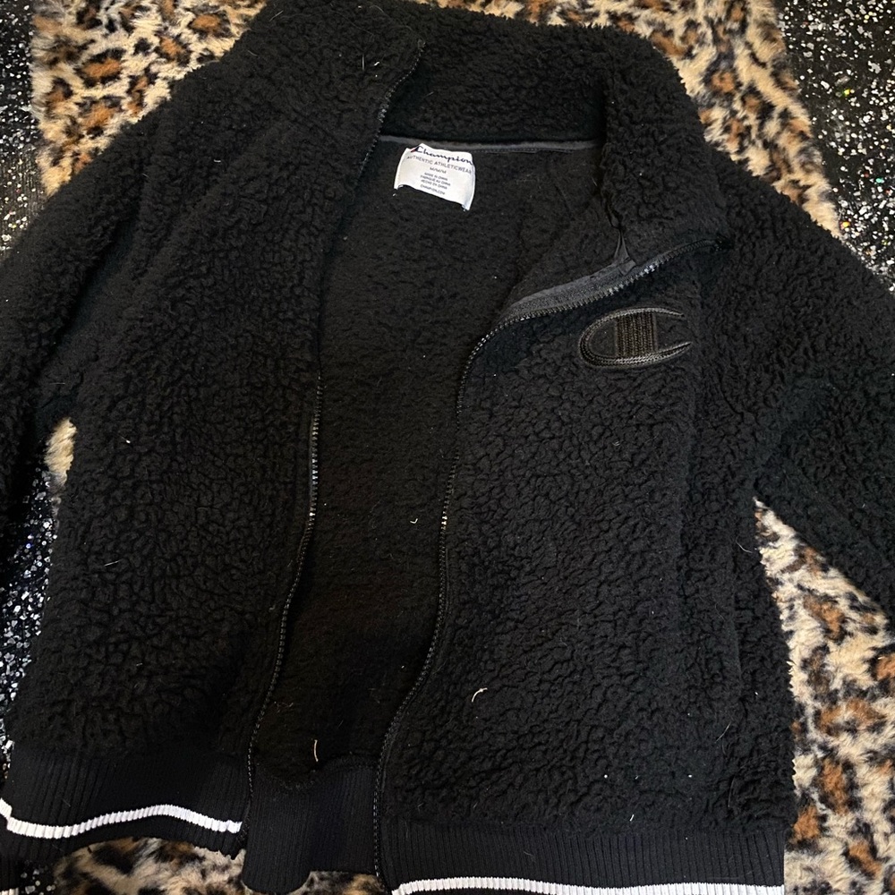 Champion Fuzzy Jacket Teddy Bear Sherpa Black Zip Up - Gem